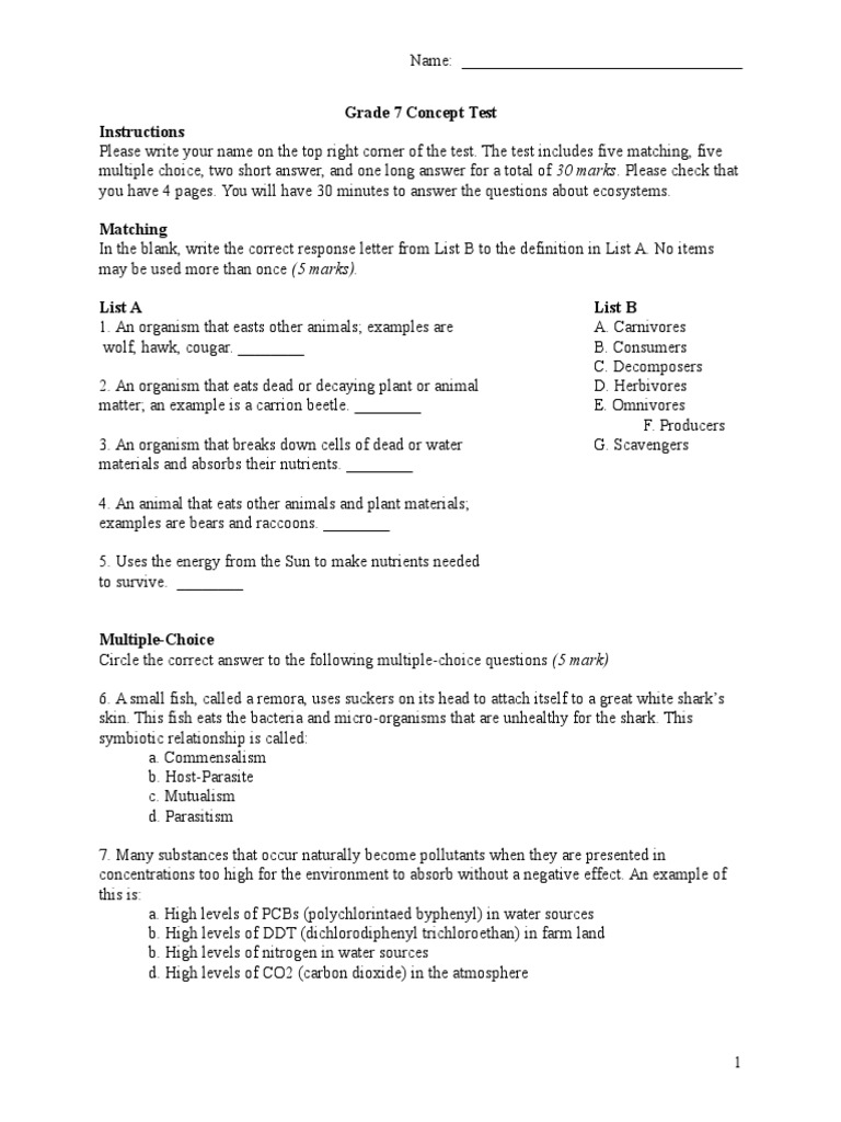 Grade 7 Concept Test | Download Free PDF | Ecosystem | Multiple Choice