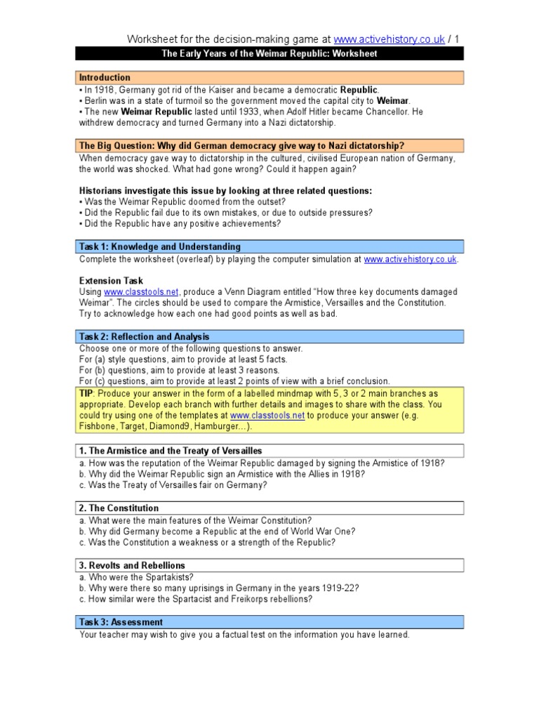 Weimar Republic Decision-Making Worksheet | PDF | Weimar Republic ...