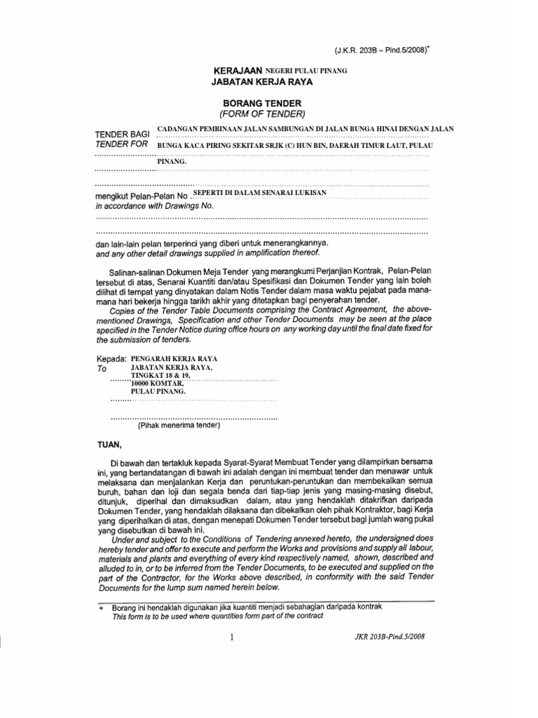10.1. Borang Tender JKR 203 B | PDF