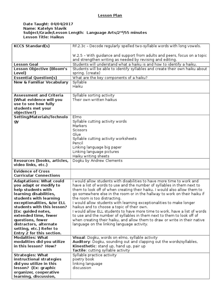 2nd Grade Haiku Lesson Plan | PDF | Haiku | Pedagogy