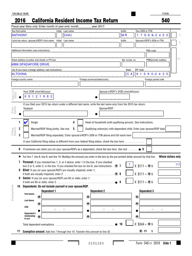 2016 540 California Resident Income Tax Return | PDF