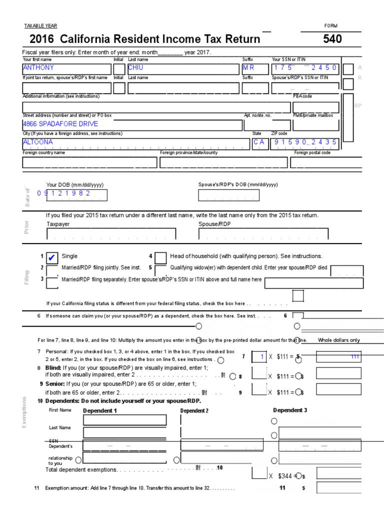 2016 540 California Resident Income Tax Return | PDF | Withholding Tax ...