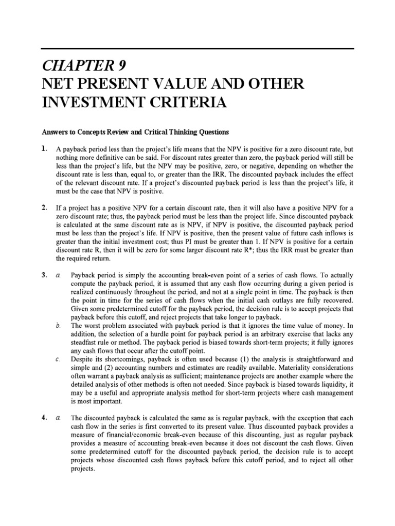 Net Present Value and Other Investment Criteria: Answers To Concepts ...