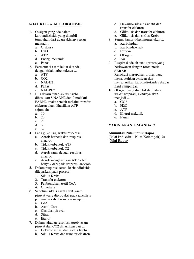 Latihan Soal Biologi Kelas Xii-Metabolisme 1 | PDF