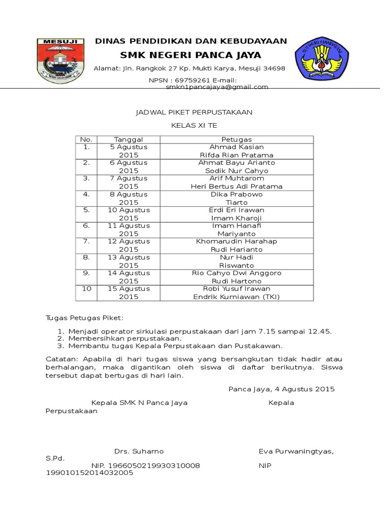 Jadwal Piket Perpustakaan | PDF