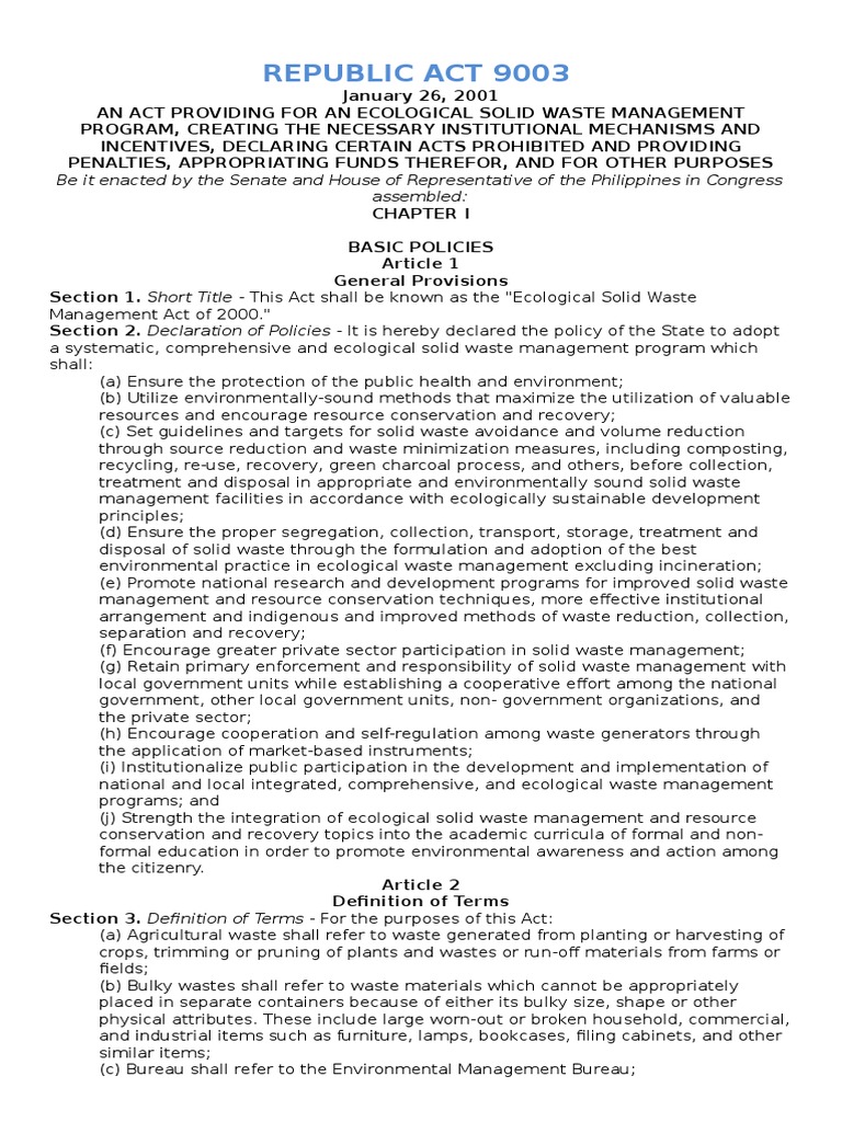 Republic Act 9003 | Waste Management | Municipal Solid Waste