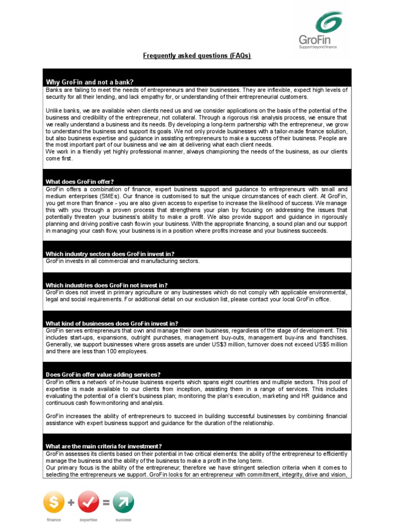 Why Grofin and Not A Bank?: Frequently Asked Questions (Faqs) | PDF ...