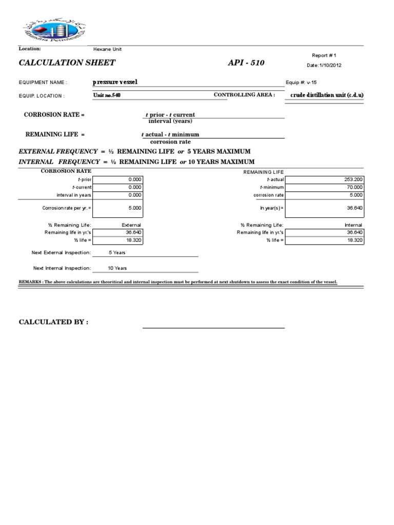 Calculation Sheet API - 510: Pressure Vessel | PDF | Mechanical ...