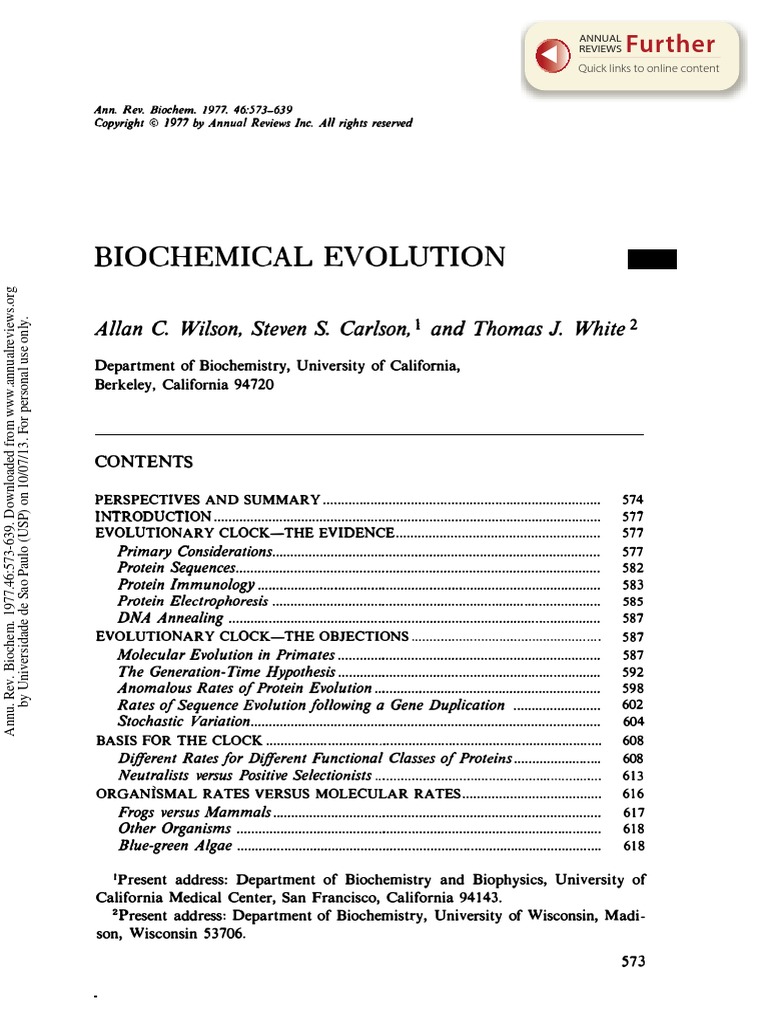 Biochemical Evolution: Allan C. Wilson, Steven S. Carlson, and Thomas J. White | PDF | Evolution ...