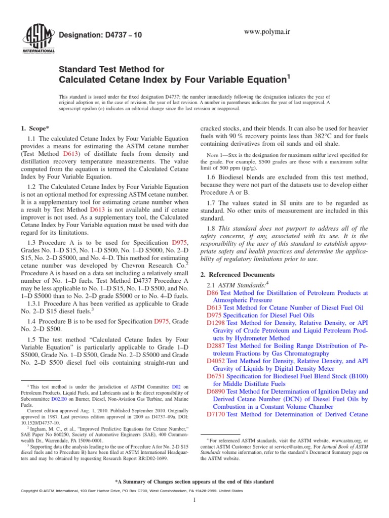 Calculated Cetane Index by Four Variable Equation: Standard Test Method ...