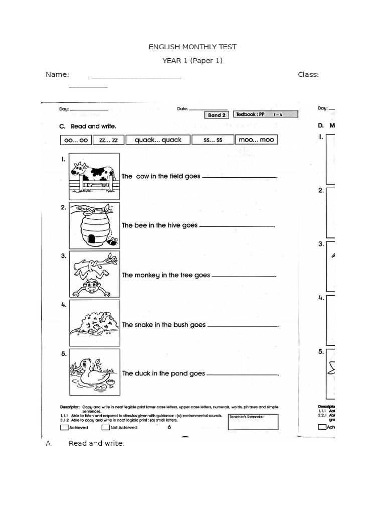 English Monthly Test YEAR 1 (Paper 1) Name: - Class | PDF
