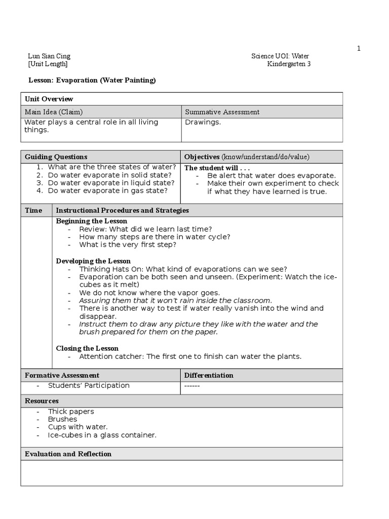 Kindergarten Water Evaporation Lesson | PDF