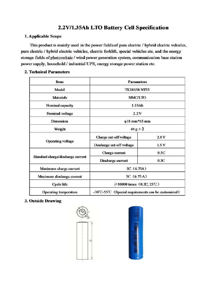 LTO 18650 Datasheet Specs