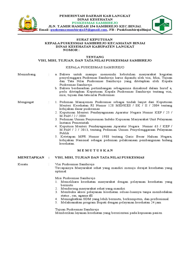 SK Visi, Misi, Tujuan Dan Tata Nilai | PDF