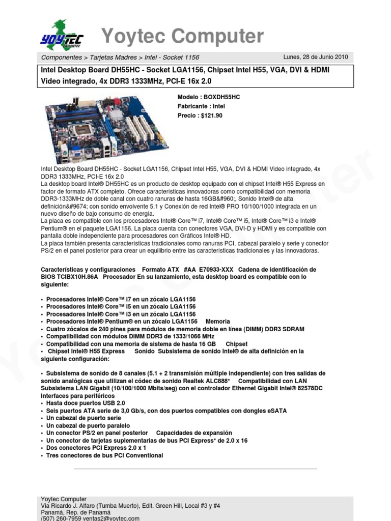 Intel Desktop Board DH55HC - Socket LGA1156, Chipset Intel H55, VGA ...