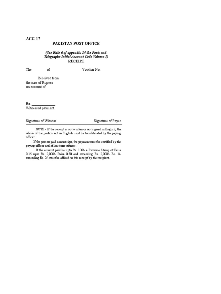 ACG-17 Pakistan Post Office: (See Rule 6 of Appendix 14 The Posts and ...