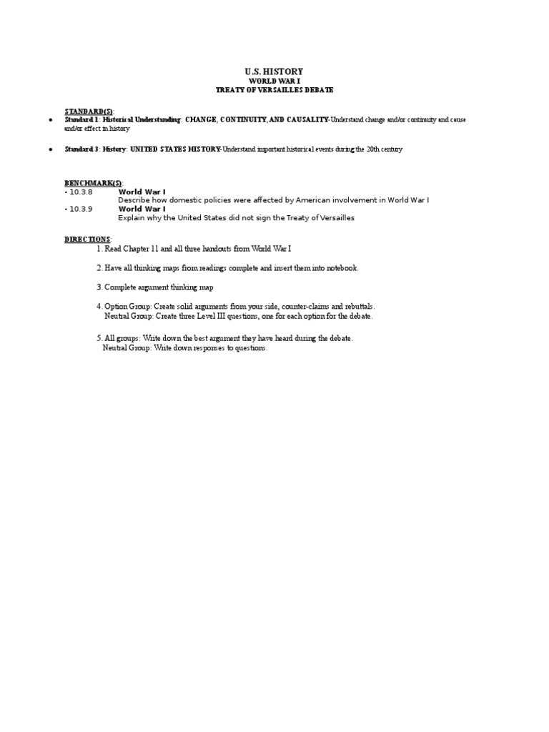 Treaty of Versailles Debate Rubric and Directions | PDF | World War I ...
