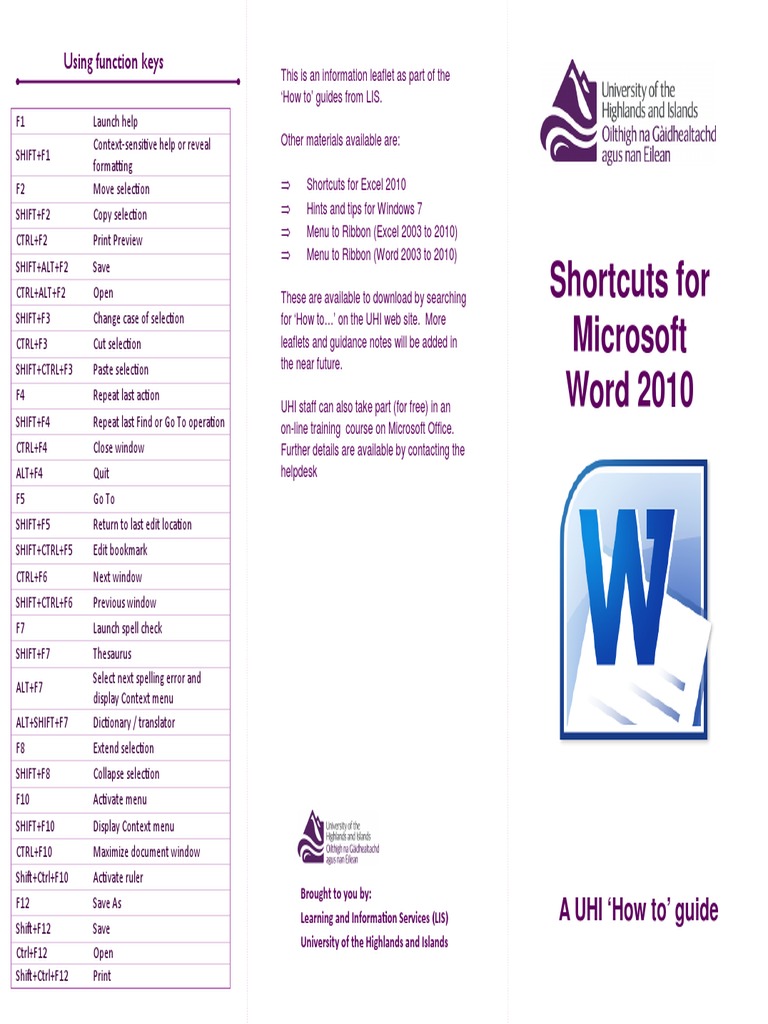 Shortcuts For Microsoft Word 2010: Using Function Keys | PDF | Keyboard ...