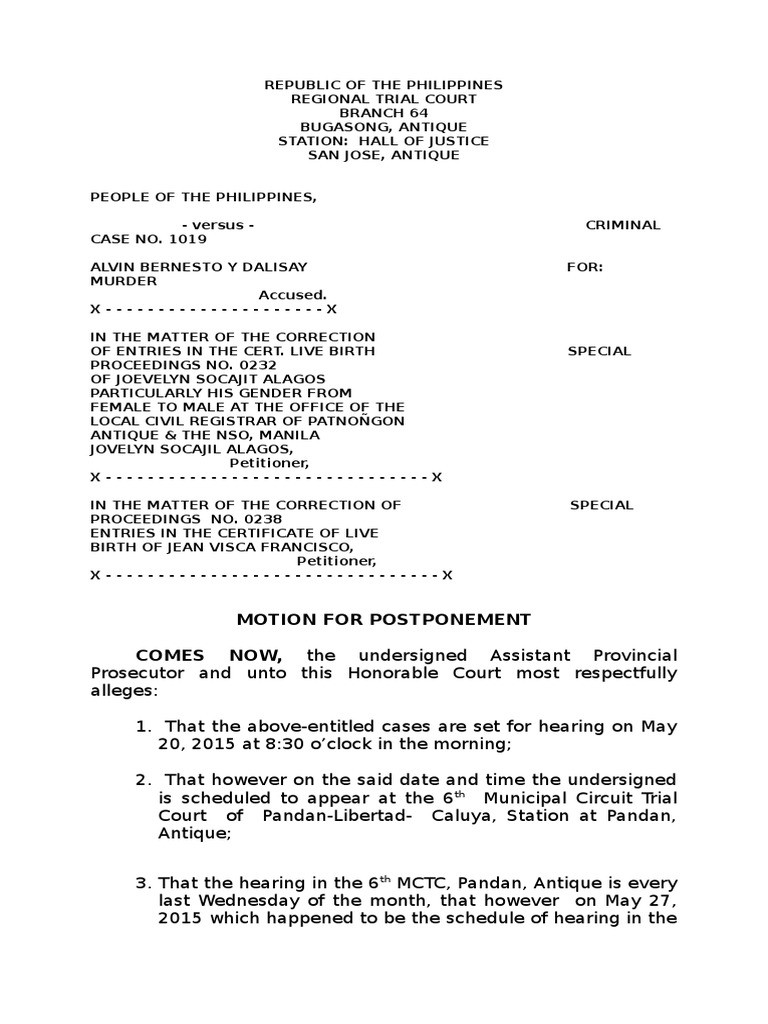 Motion to Postpone Hearing in Case 1019 | PDF | Prosecutor | Legal ...