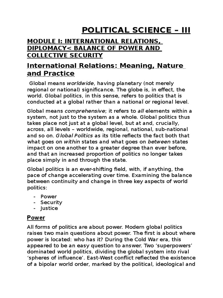 Political Science - Iii: International Relations: Meaning, Nature and ...