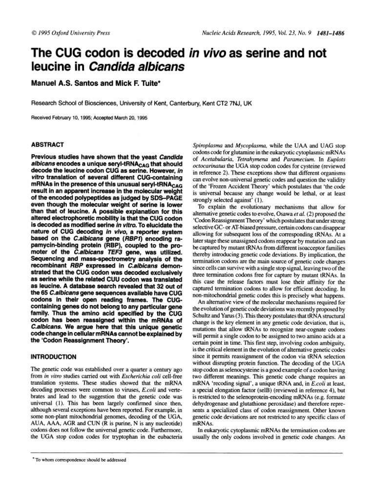 The CUG Codon Is Decoded in Vivo As Serine and Not Leucine in Candida ...