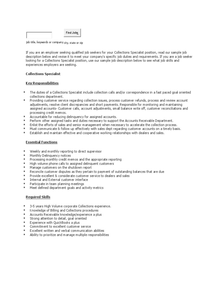Collections Specialist Description | PDF | Business | Labour