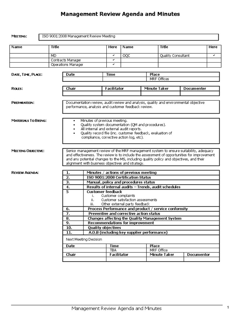 Management Review Agenda and Minutes | PDF | Iso 9000 | Business