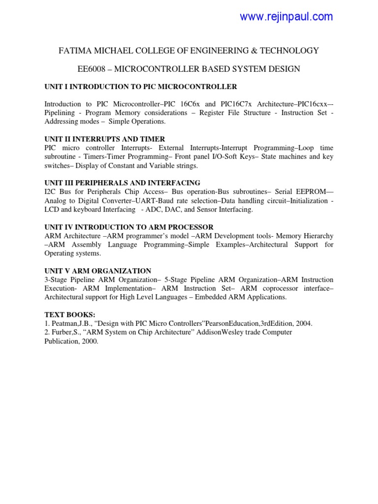Fatima Michael College of Engineering & Technology Ee6008 - Microcontroller Based System Design ...