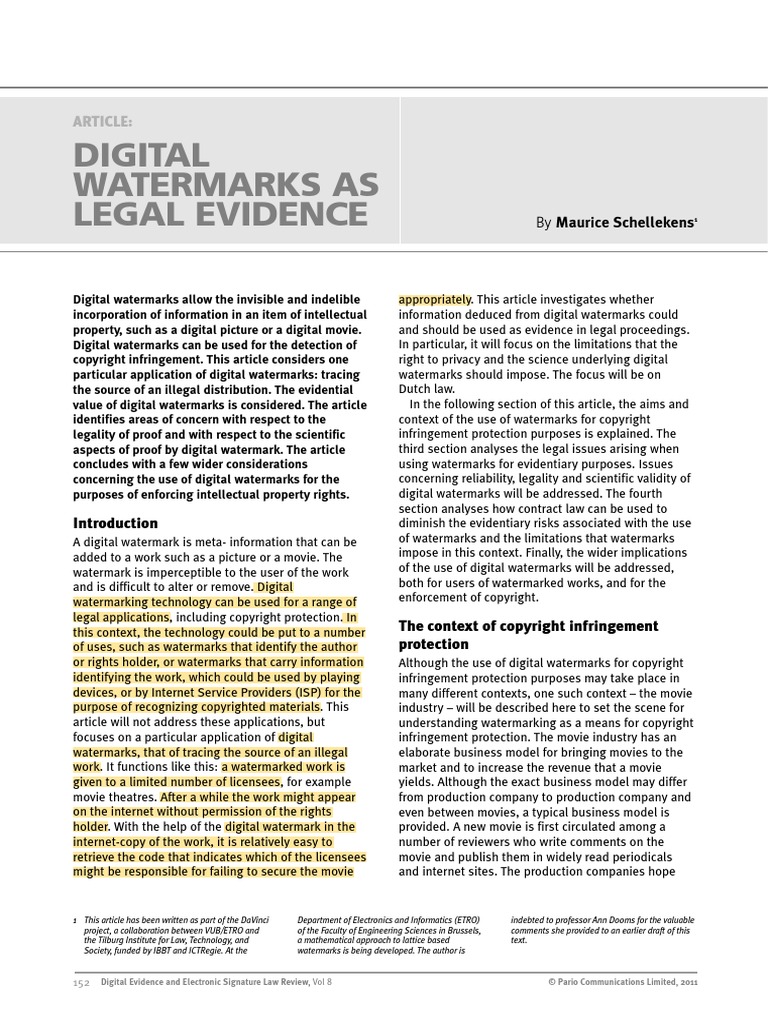 Digital Watermarks as Legal Evidence | Copyright Infringement | Privacy
