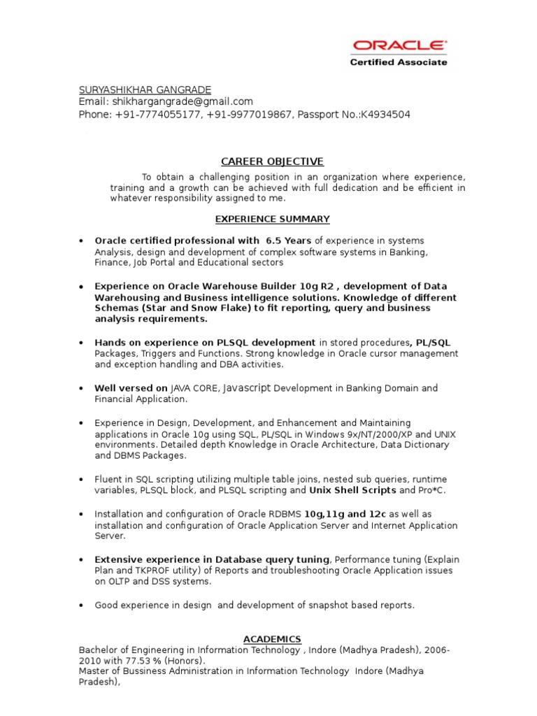 Suryashikhar Resume Indus | PDF | Oracle Database | Pl/Sql
