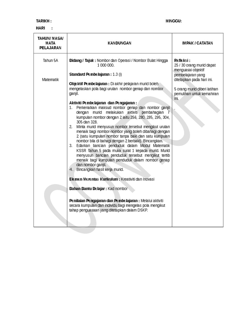 Contoh RPH Matematik Tahun 5 | PDF