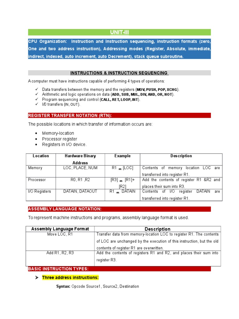 Unit-Iii: Instructions & Instruction Sequencing | PDF | Instruction Set ...