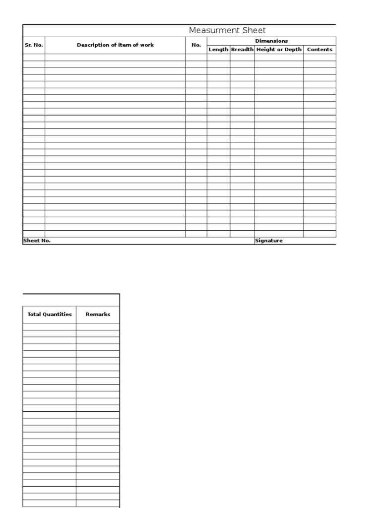 Measurment Sheet: Sr. No. Description of Item of Work No. Dimensions ...