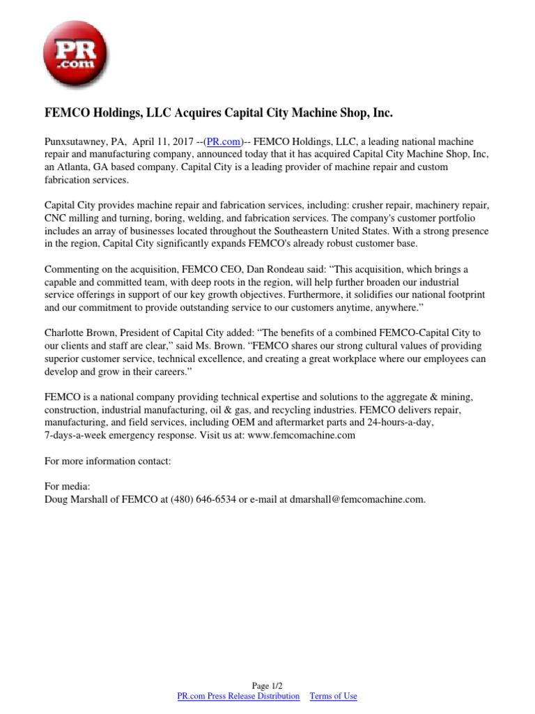 FEMCO Holdings, LLC Acquires Capital City Machine Shop, Inc. | PDF ...
