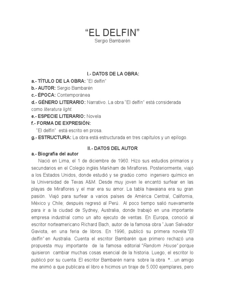 RESUMEN DE LA OBRA EL DELFIN.docx | Narración | Ficción y literatura