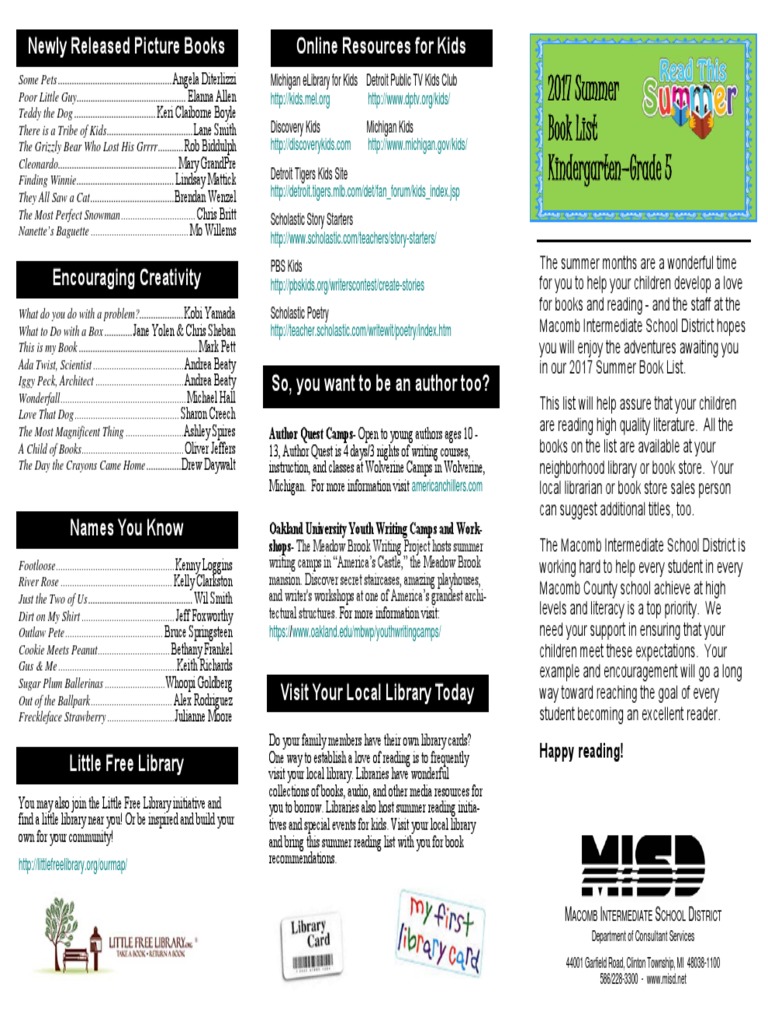 2017 Summer Book List Kindergarten-Grade 5: Online Resources For Kids ...