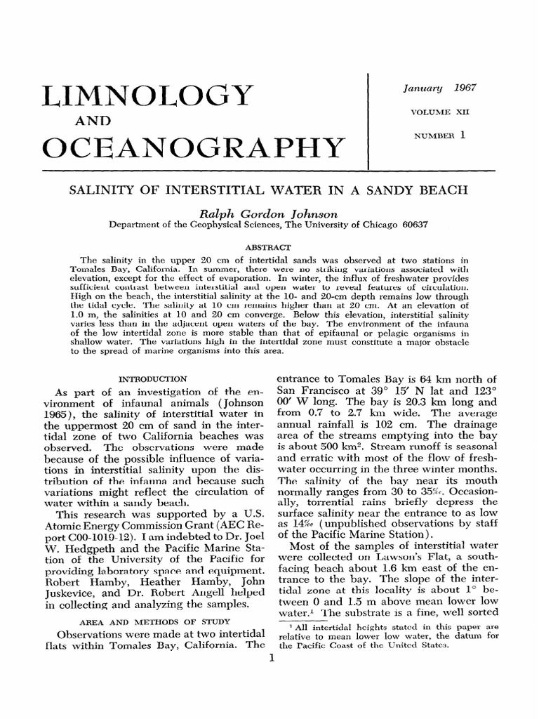Limnology Oceanography 1: Salinity of Interstitial Water in A Sandy Beach Ralph Gordon Johnson ...