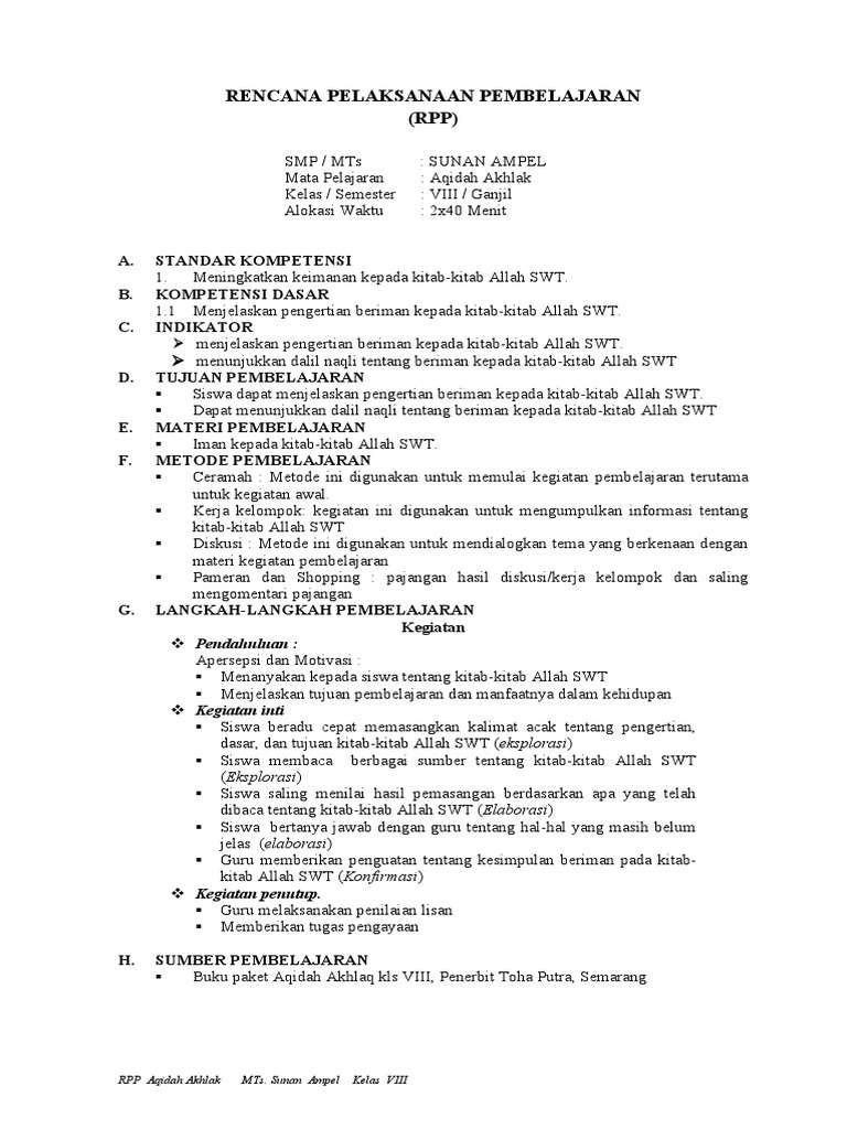 RPP Aqidah Kelas VIII KTSP | PDF