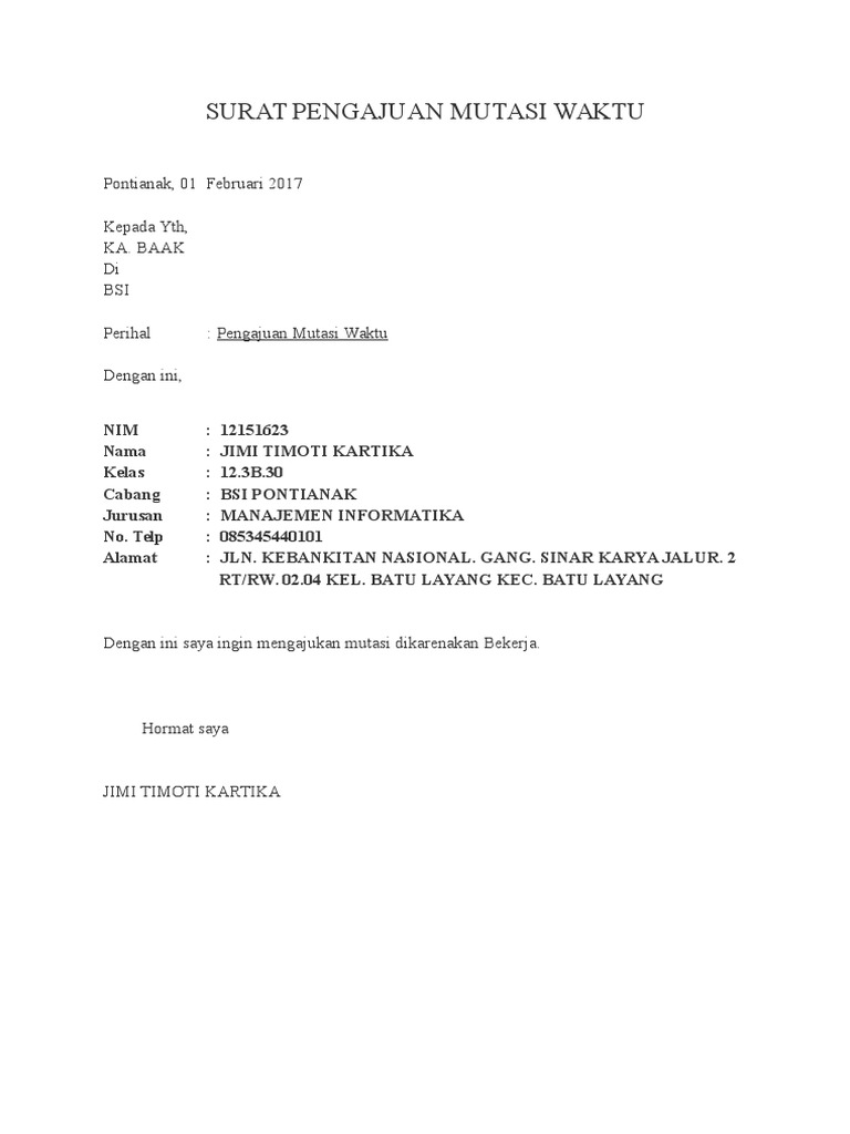 Surat Pengajuan Mutasi Kelas Pagi Ke Malam BSI | PDF