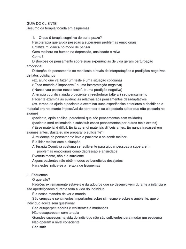 GUIA DO CLIENTE Resumo Da Terapia Focada em Esquemas | Download grátis ...