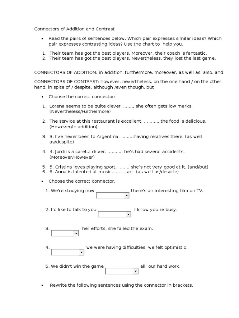 Connectors of Addition and Contrast | PDF | Language Arts & Discipline