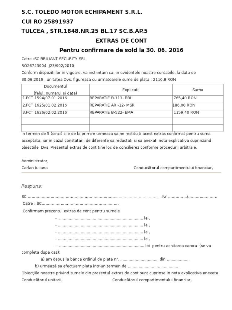 Extras de Cont de Confirmare de Sold | PDF