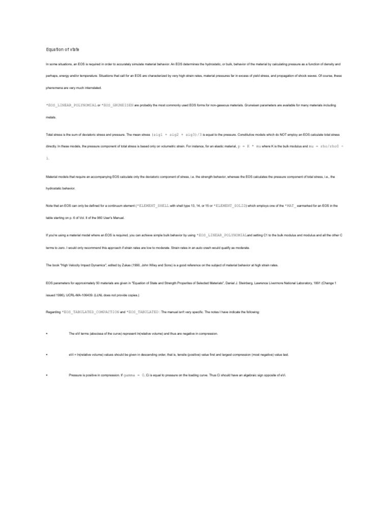 Equation of State: Eos - Linear - Polynomial Eos - Gruneisen | PDF ...