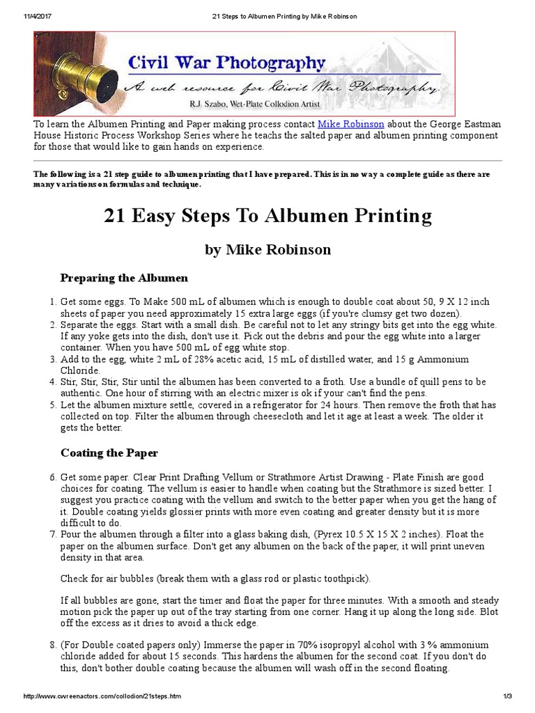 21 Steps To Albumen Printing by Mike Robinson | PDF | Silver | Nitrate