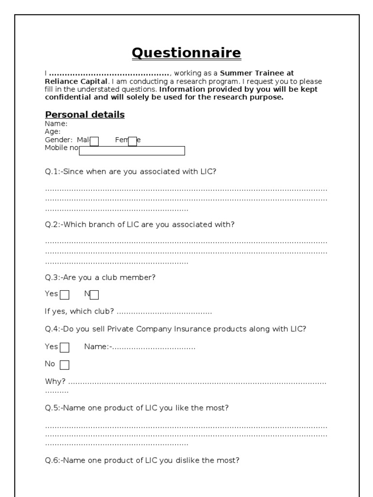 Lic Questionnaire | PDF