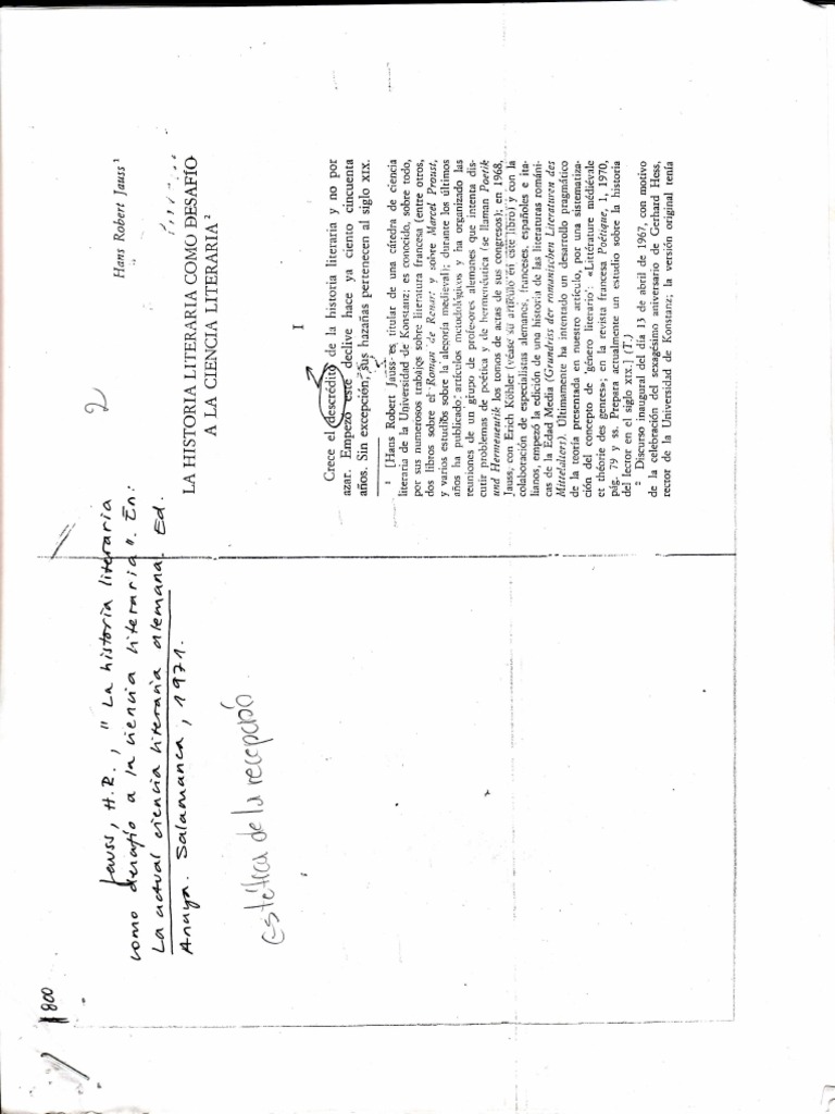 Jauss Hans Robert 1971 La Historia Literaria Como Desafio A La Ciencia ...
