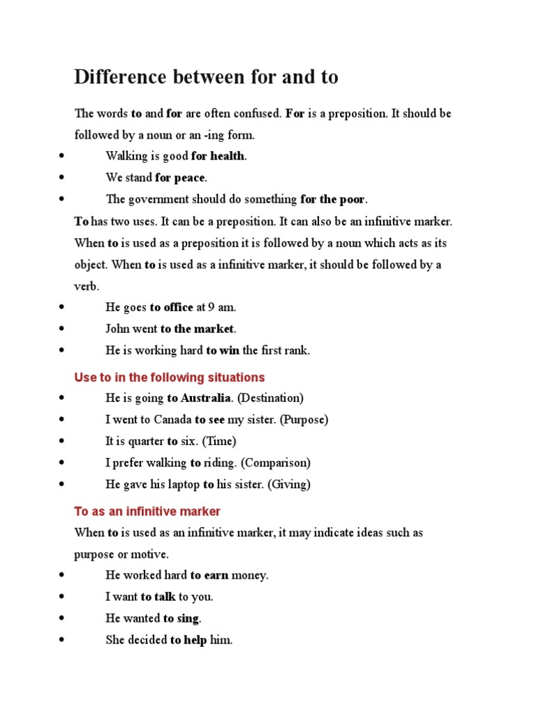 Understanding To vs. For Usage | PDF | Preposition And Postposition | Verb