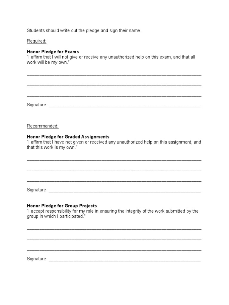 Honor Pledge Examples for Students | PDF