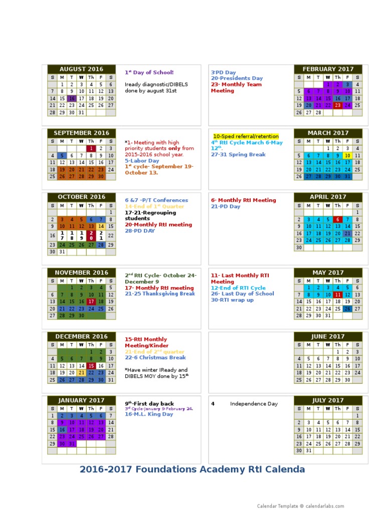 2016-2017 Rti Calendar | PDF