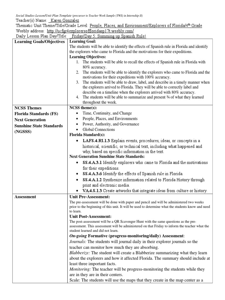 4th Grade Florida Explorers Unit Plan | PDF | English As A Second Or ...